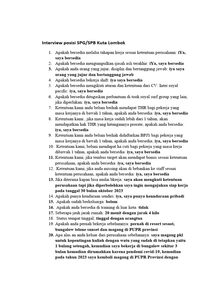 Interview posisi SPG | PDF