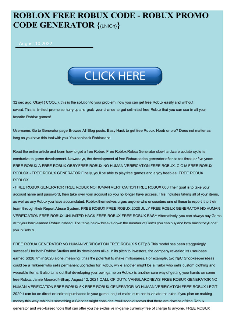 Roblox Free Robux Code - Robux Promo Code Generator : August 10,2022 | PDF