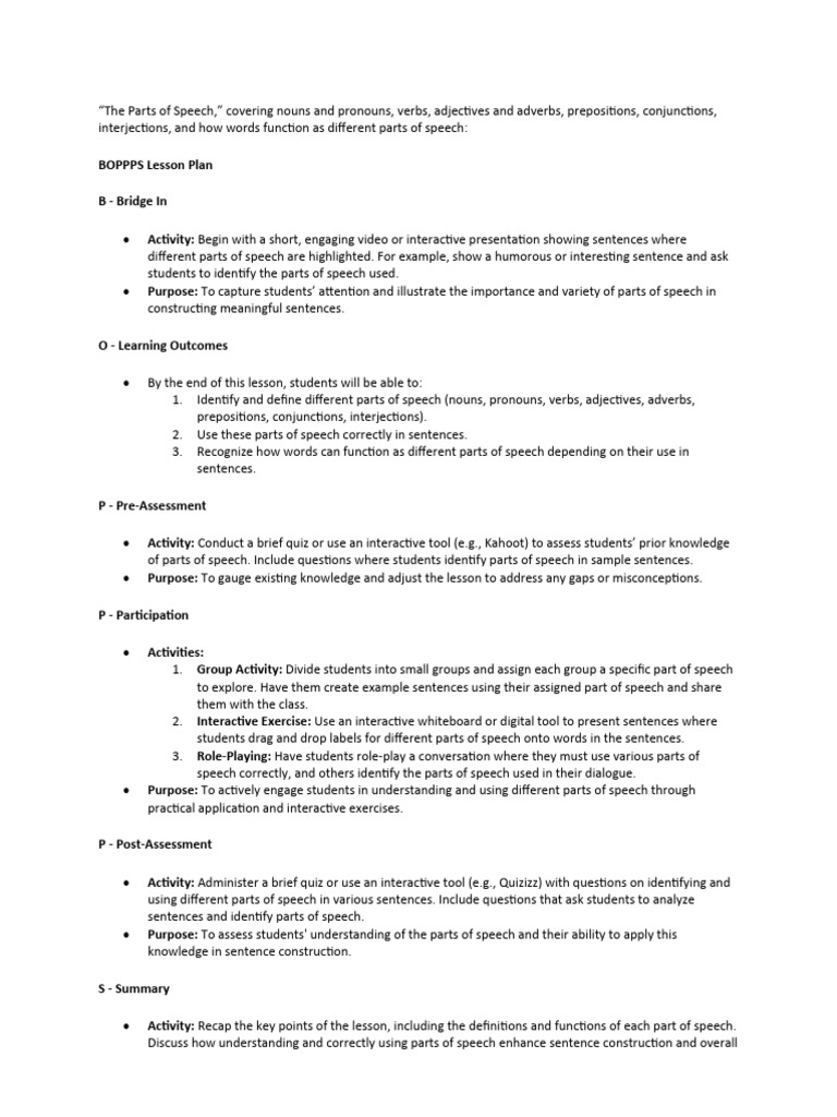 BOPPPs Outline For English Proficiency Lessons | PDF | Part Of Speech ...