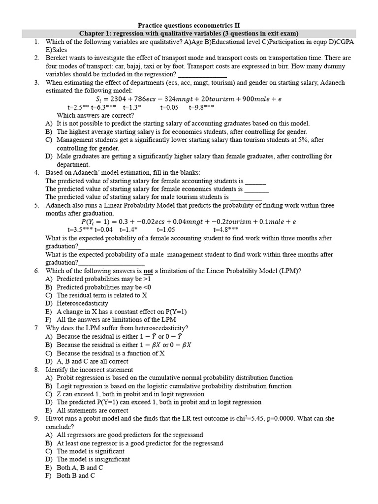 Practice Questions Econometrics II | PDF | Estimator | Stationary Process