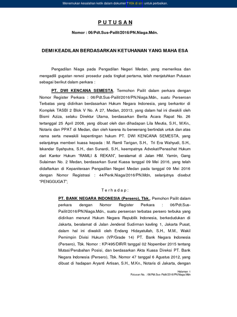 06PdtSusPailit2016PNNiagaMdnRenvoiProsedur RAW | PDF