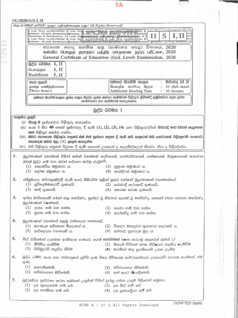2020 OL Buddhism Past Paper Sinhala Medium Ninea 3 | PDF
