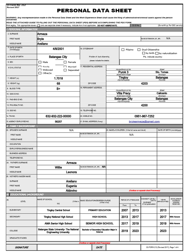 Personal Data Sheet Template 1 | PDF | Distance Education