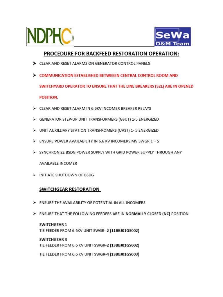 Procedure For Backfeed Restoration | PDF | Science & Mathematics