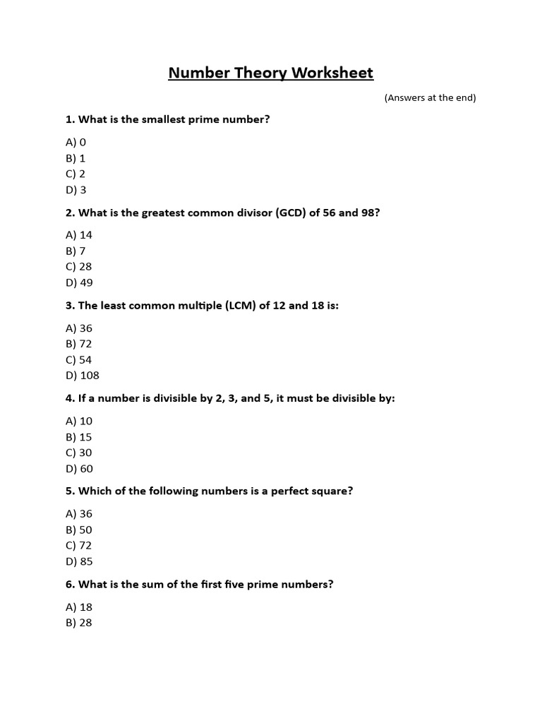 Number Theory Worksheet | PDF | Elementary Mathematics | Mathematics