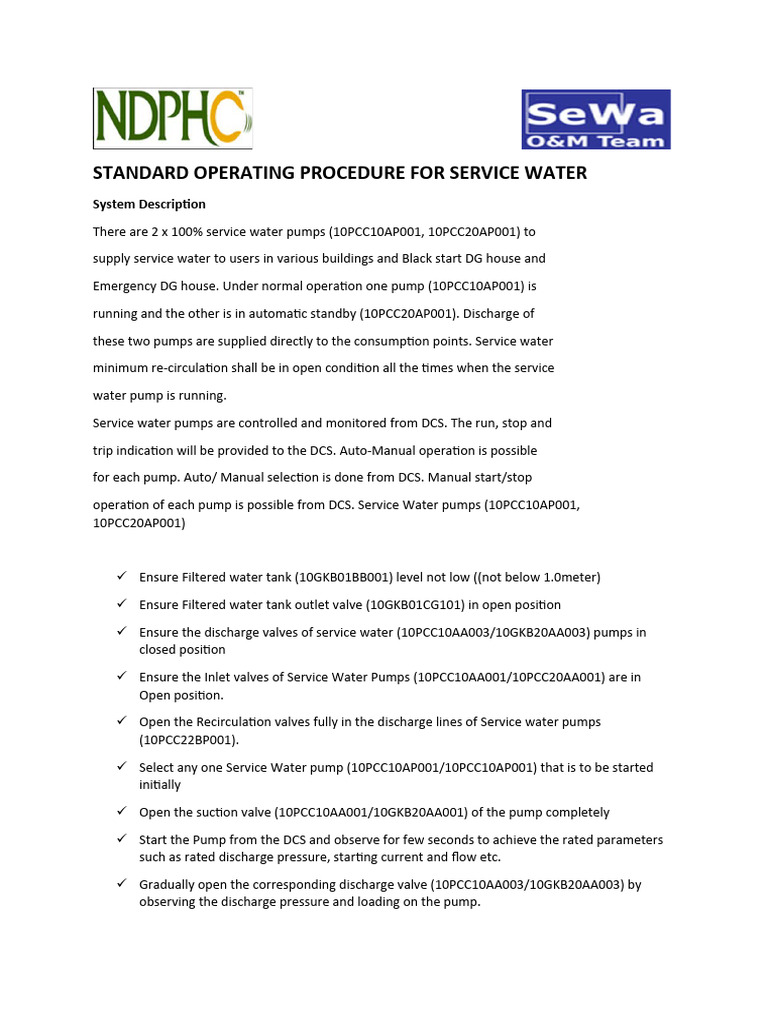 Service Water Pump Control SOP | PDF | Pump | Valve