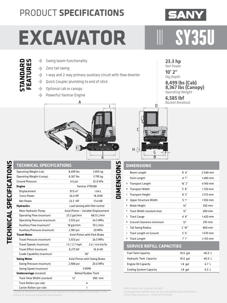 SANY SY35U Excavator Specifications | PDF | Manufactured Goods | Vehicles