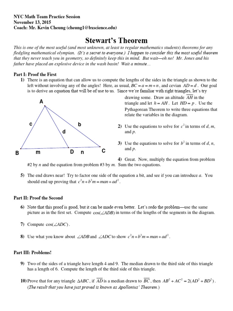 Stewart's Theorem and Applications | PDF | Triangle | Euclidean Plane ...