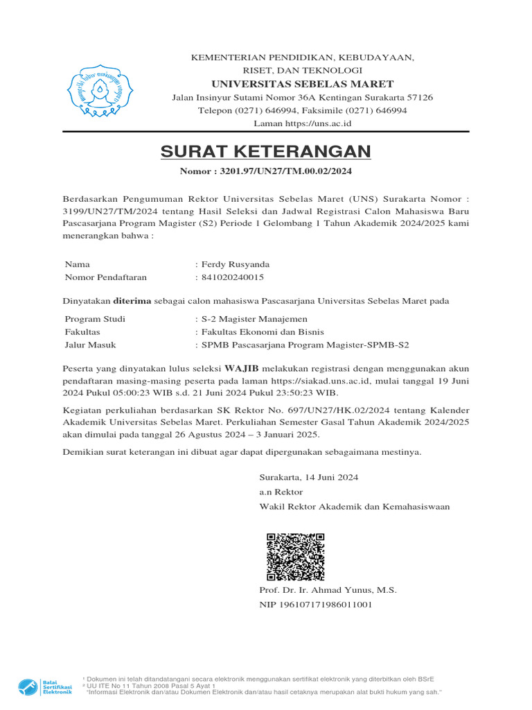 Surat Keterangan Diterima S2 UNS | PDF