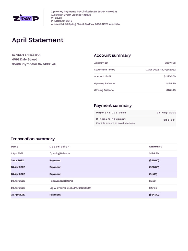 Zip Money April 2022 Statement Summary | PDF | Annual Percentage Rate ...