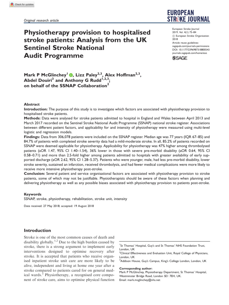 Mcglinchey Et Al 2018 Physiotherapy Provision To Hospitalised Stroke Patients Analysis From The ...