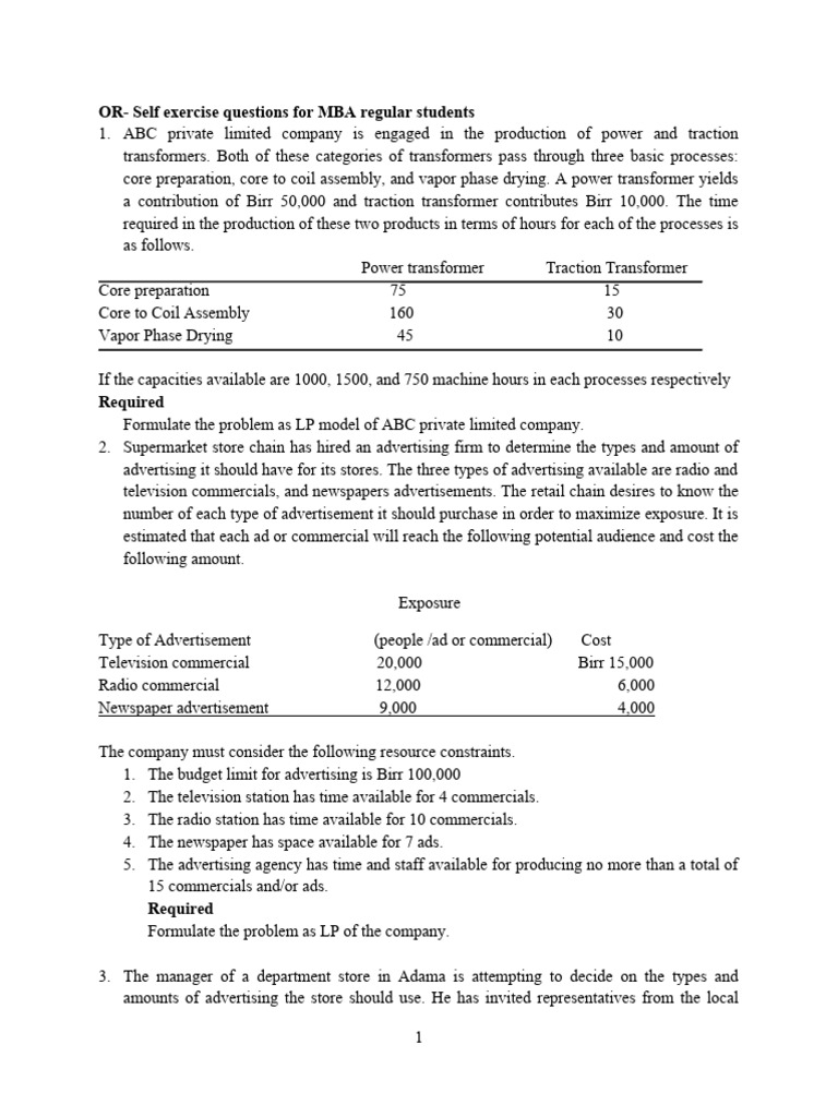 OR- Work sheet | PDF | Advertising | Transformer