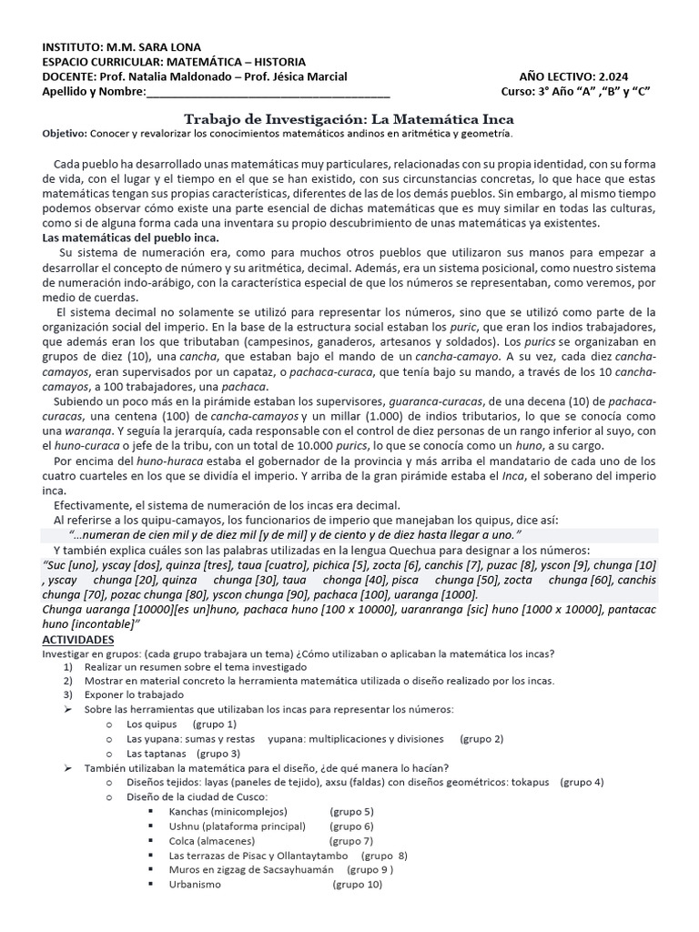 TP Matematica Inca 3er Año 2024 | PDF | Imperio Inca | Era precolombina
