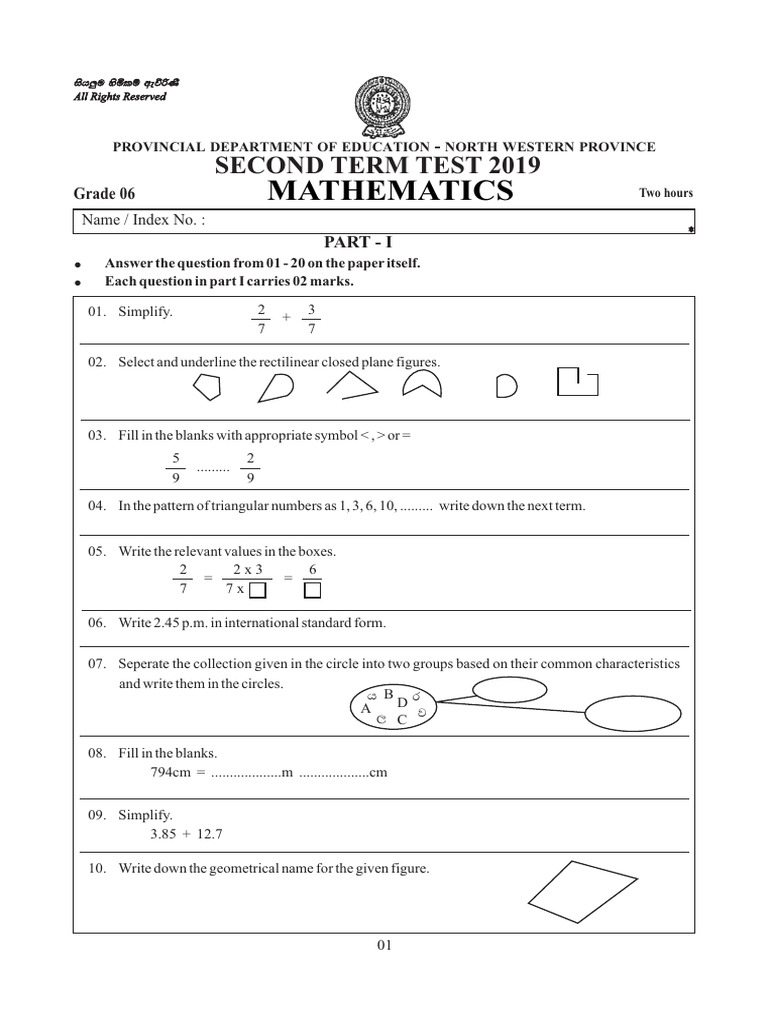 Grade 6 Maths Second Term Test 2019 | PDF | Mathematics