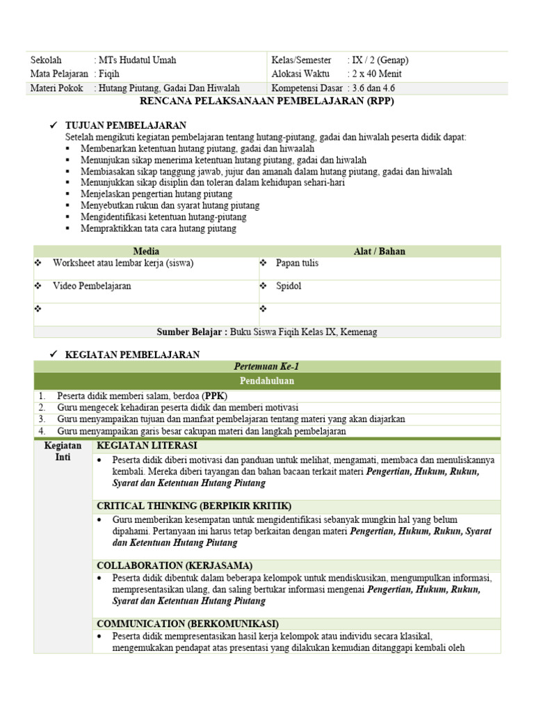 RPP Fiqih Kelas 9: Hutang Piutang | PDF
