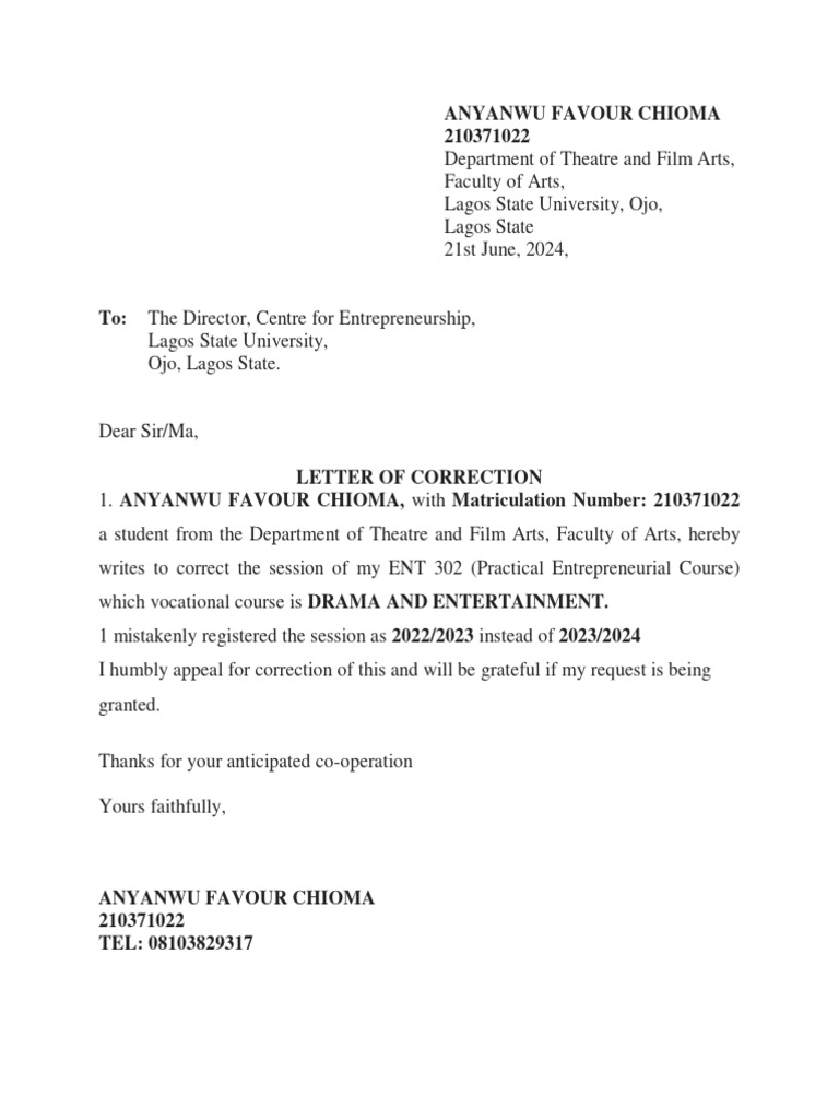 Correction Request for ENT 302 Registration | PDF