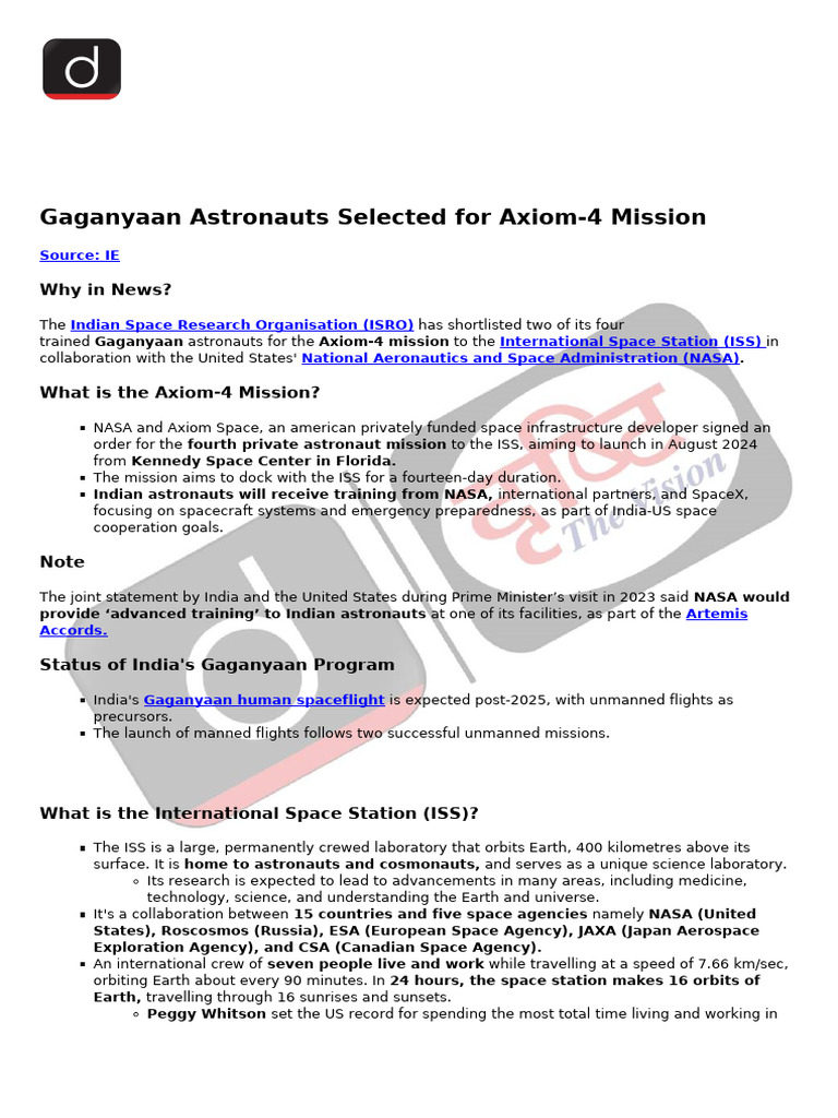 Gaganyaan Astronauts Selected For Axiom-4 Mission: Why in News? | PDF ...