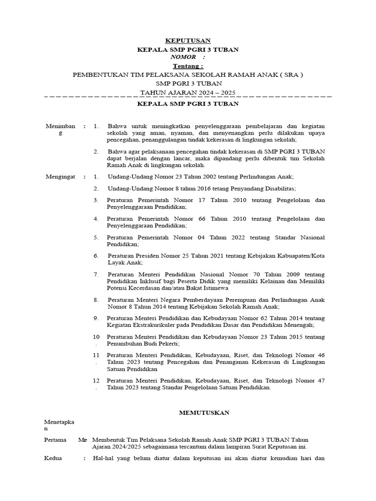 1a. SK Tim Pelaksana Sekolah Ramah Anak (Sra) SMP Pgri 3 Tuban | PDF