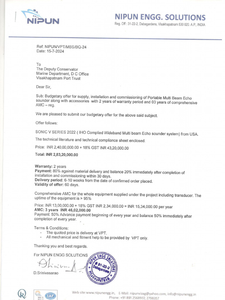 Budgetary Offer of Supply of Wide Beam Multibeam | PDF