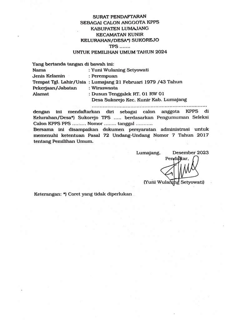 Surat Pendaftaran Yuyun | PDF