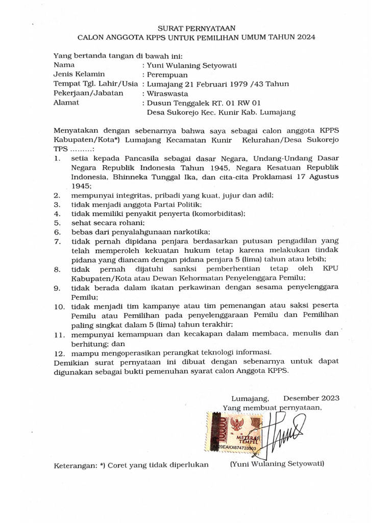 Surat Pernyataan Yuyun | PDF