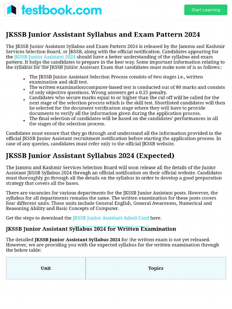 JKSSB Junior Assistant Syllabus and Exam Pattern 2024 | PDF