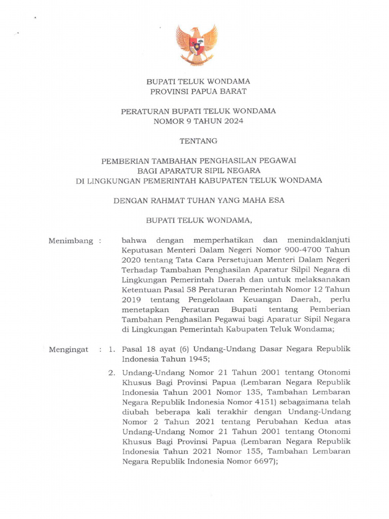 Salinan Perbub Nomor 9 Tahun 2024 (Pemberian TPP Bagi ASN) | PDF