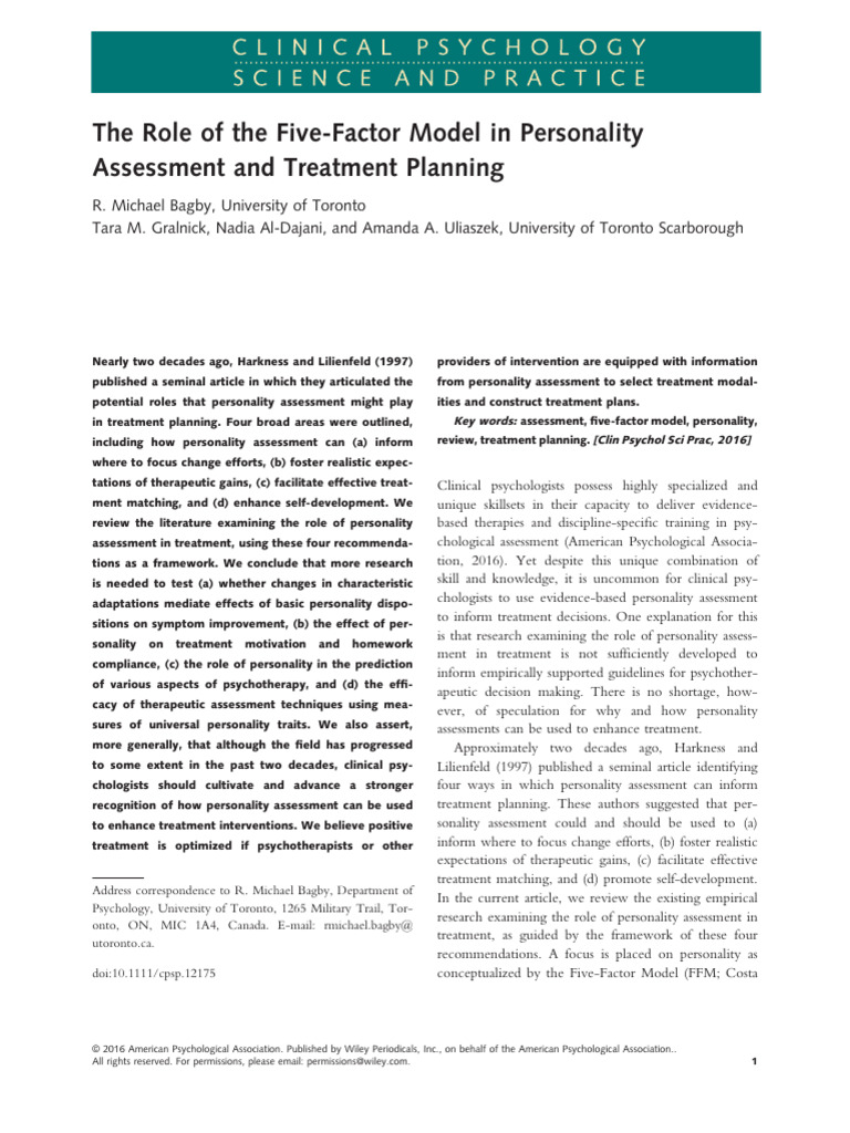 The Role of The Five Factor Model in Personality Assessment and ...