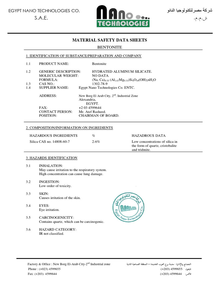 MSDS Bentonite - Nano | PDF | Water | Chemistry