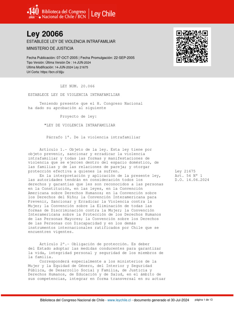 Ley 20066 - 07 Oct 2005 | PDF | Mandato | Violencia doméstica