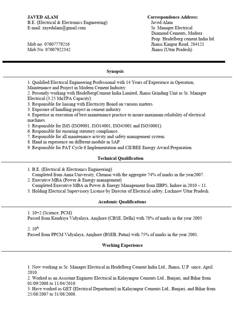 Javed Alam Resume | PDF | Electrical Substation