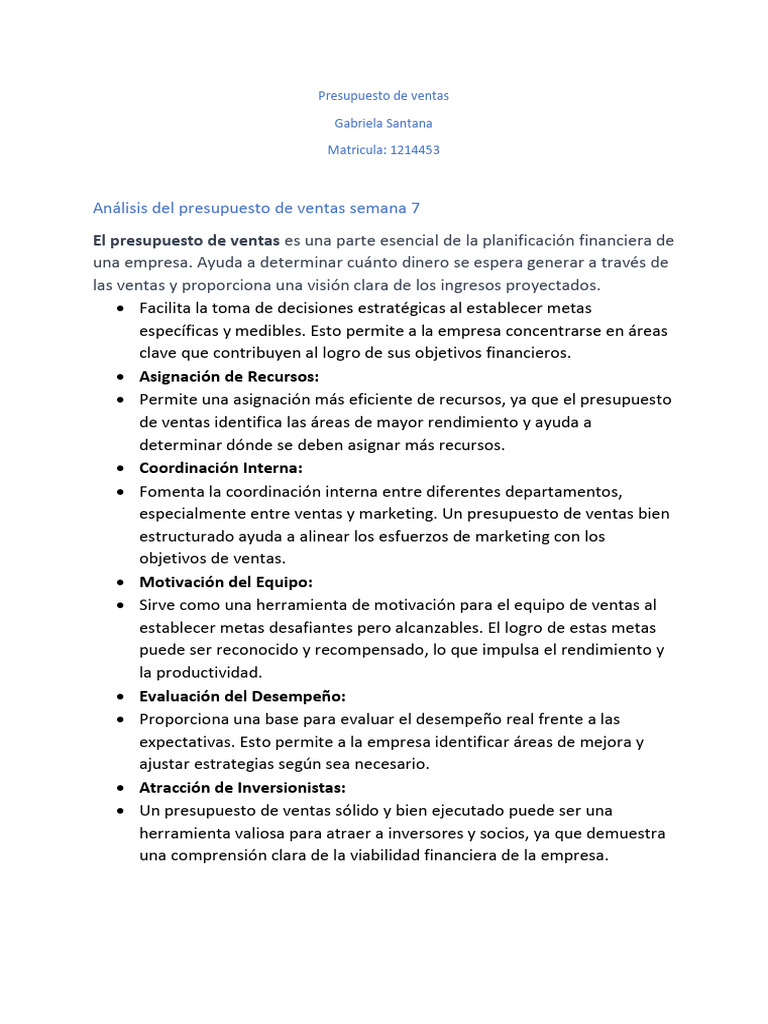 Presupuesto de Ventas | PDF | Presupuesto | Business