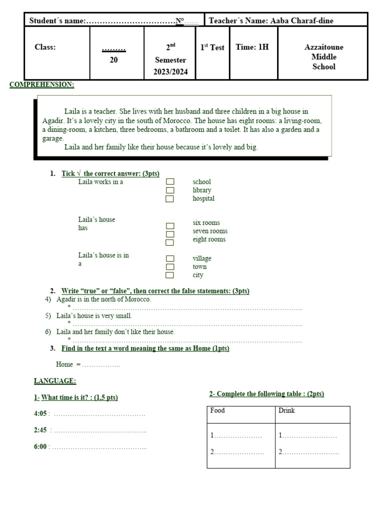 1st Grade Global Test | PDF | Room
