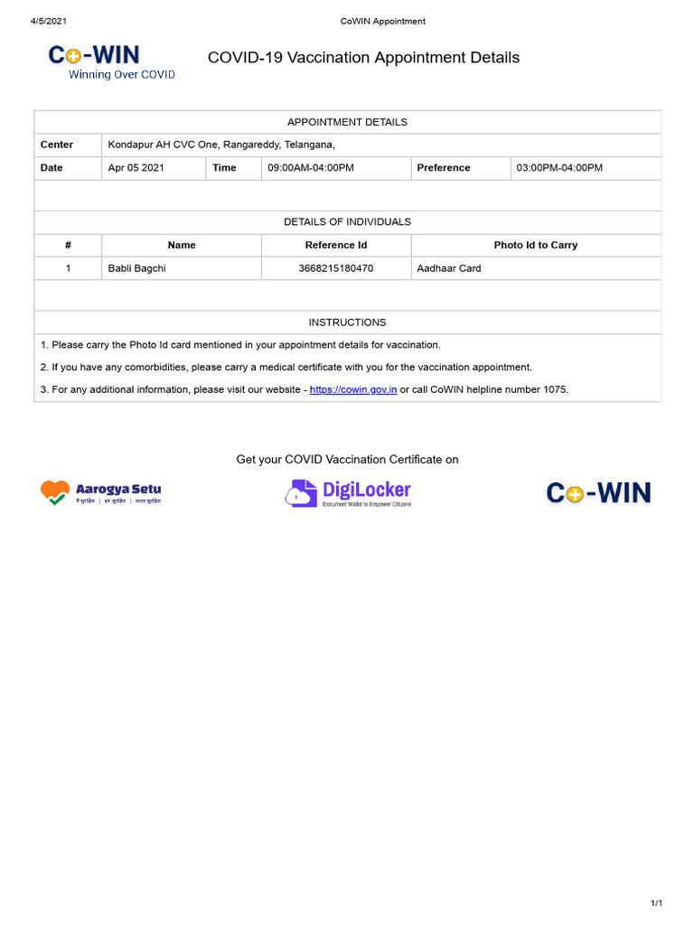 CoWIN Appointment | PDF