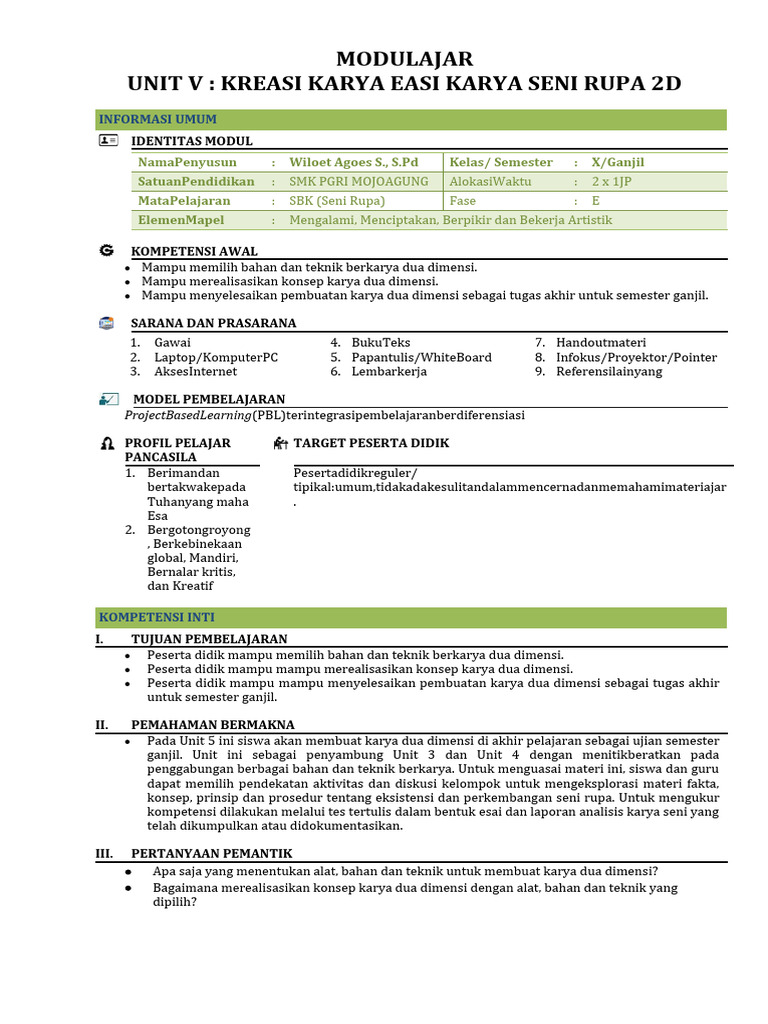 Modul Ajar Seni Rupa Kelas 10 Fase E Unit 5 | PDF