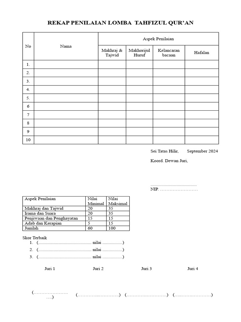 Rekap Nilai Lomba Tartil Qur'an | PDF