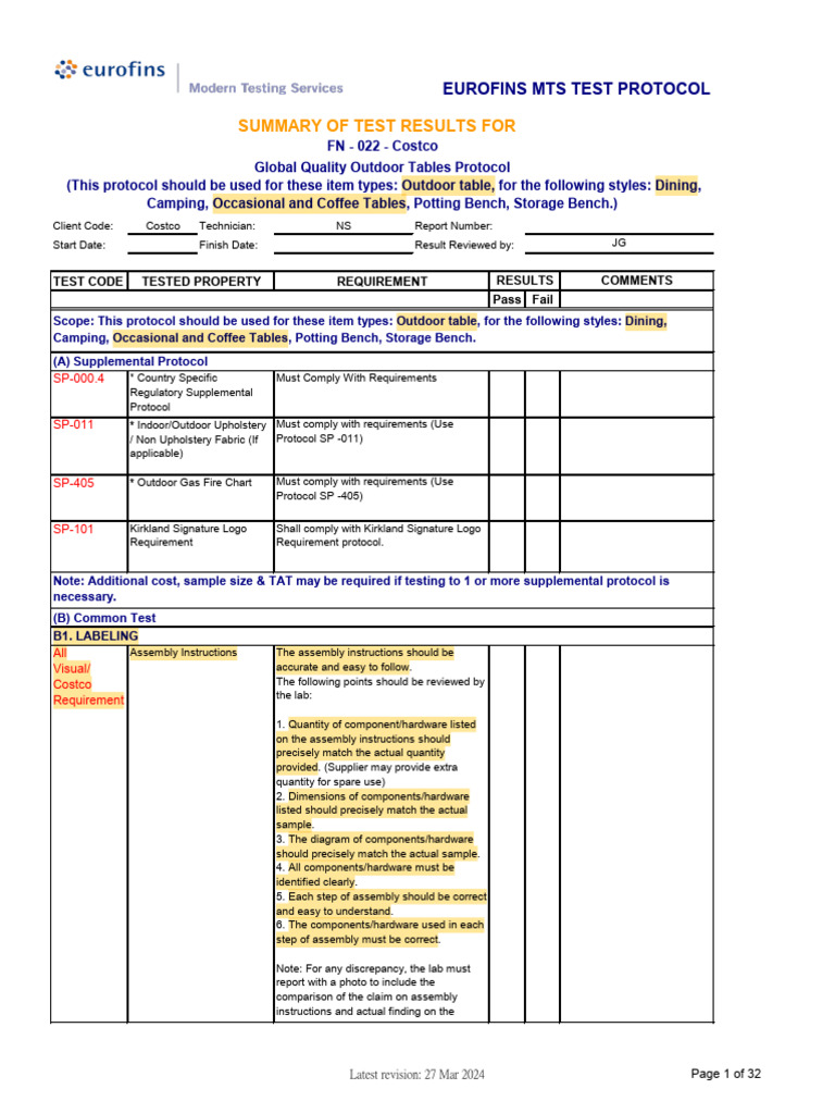 Costco Outdoor Furniture Testing Protocol | PDF | Wood | Materials