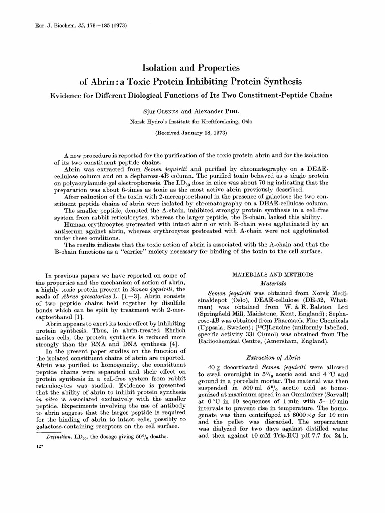 Isolation and Properties of Abrin A Toxic Protein Inhibiting | PDF ...