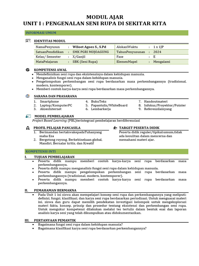 Modul Ajar Seni Rupa Kelas 10 Fase E Unit 1 | PDF | Seni