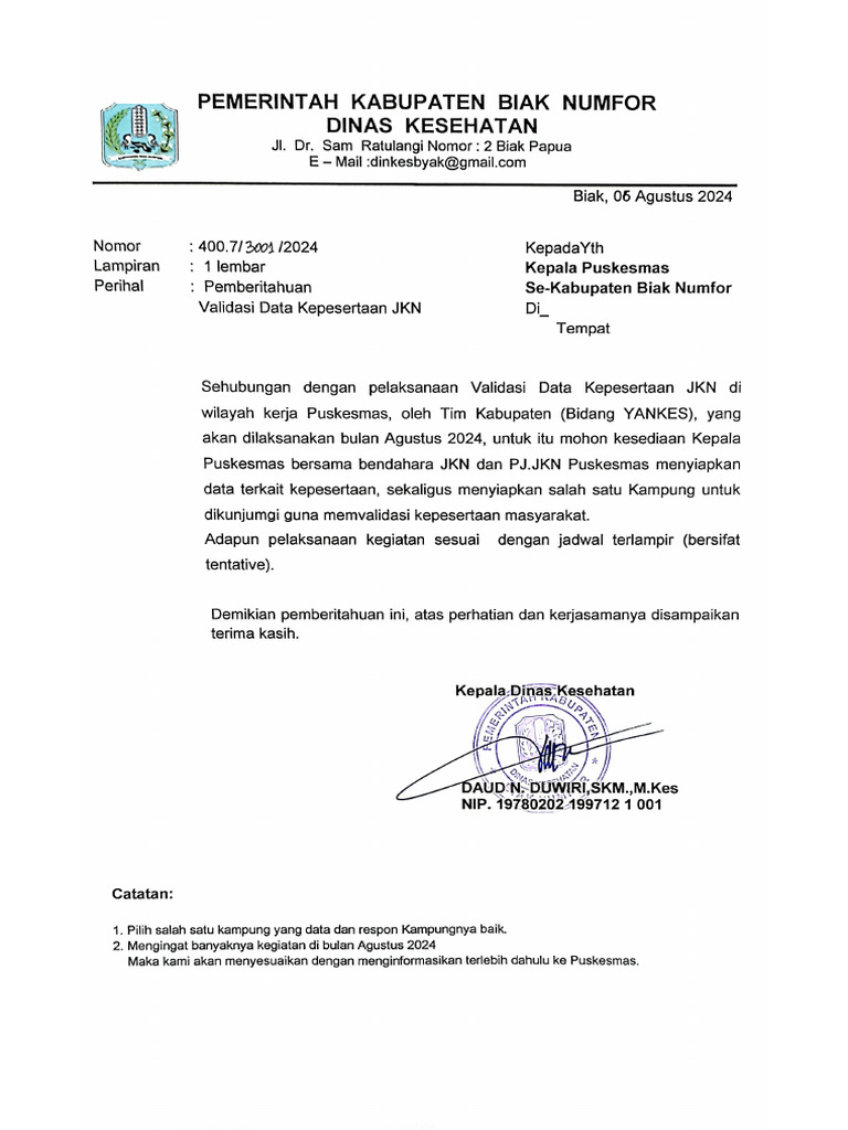 Surat Pemberitahuan Validasi Data Kepesertaan JKN | PDF