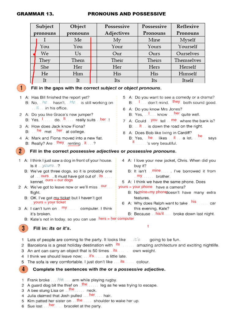 Grammar 13. Pronouns and Possessive - Key | PDF | Semantic Units ...