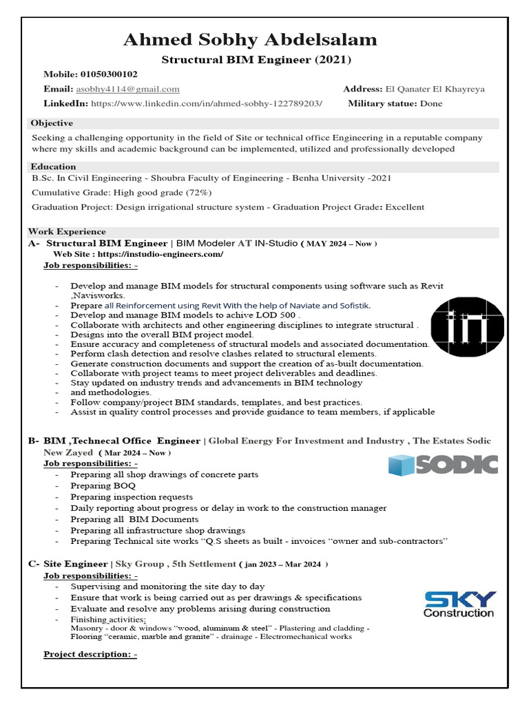 BIM Engineer Ahmed sobhy CV | PDF | Building Information Modeling ...