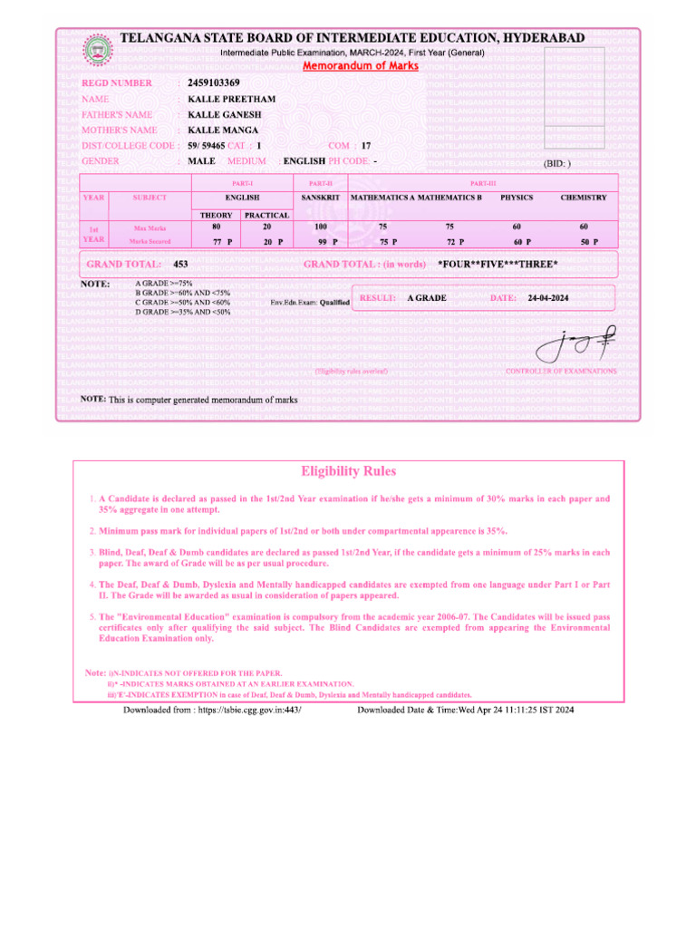 Inter 1st Year Result | PDF