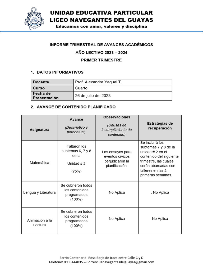 Informe Trimestral de Avances Académicos Cuarto | PDF