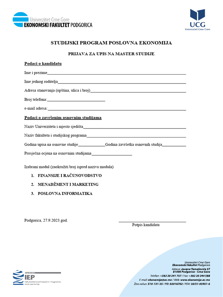 Prijava Master Poslovna Ekonomija | PDF