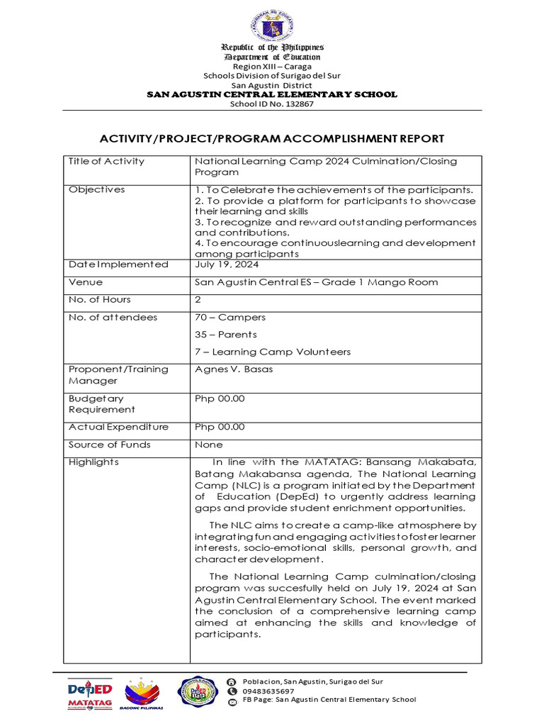Accomplishment Report NLC 2024 | PDF | Cognition | Behavior Modification