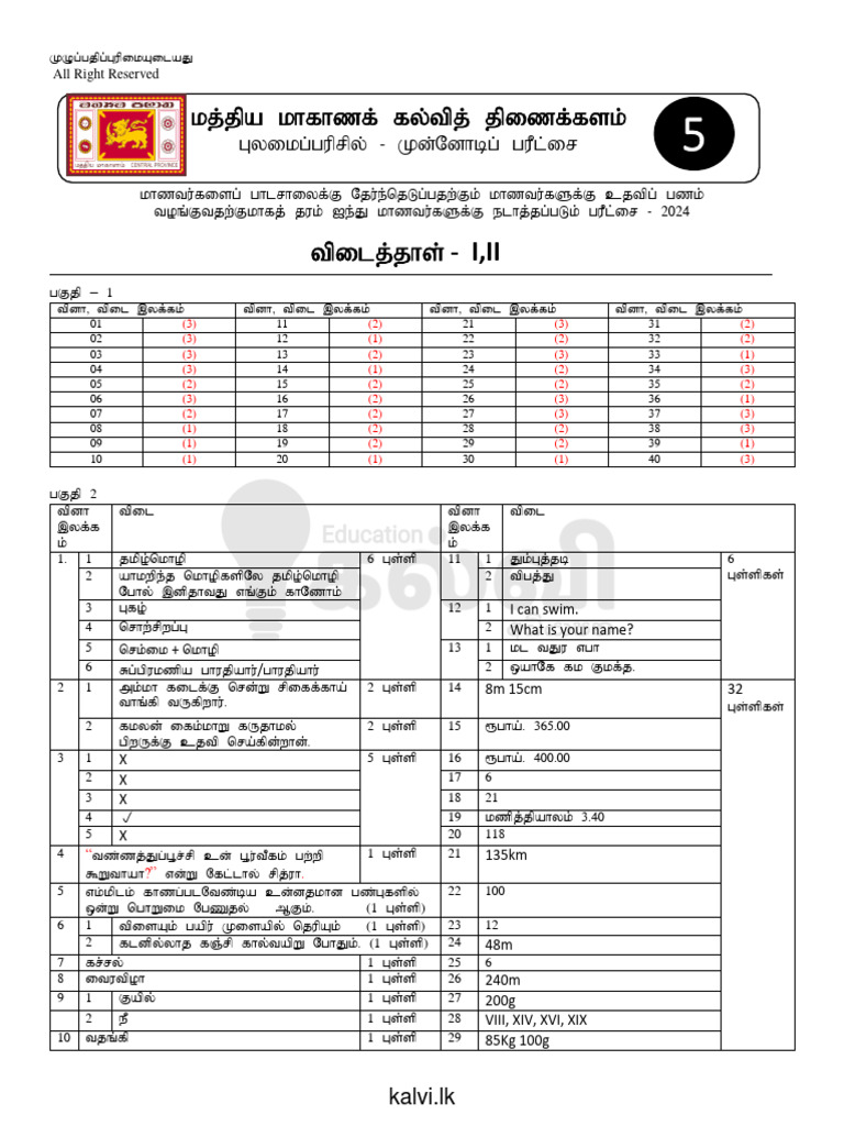 gr5 Ta Scholarship - Examination 2024 Model - Paper Scheme | PDF
