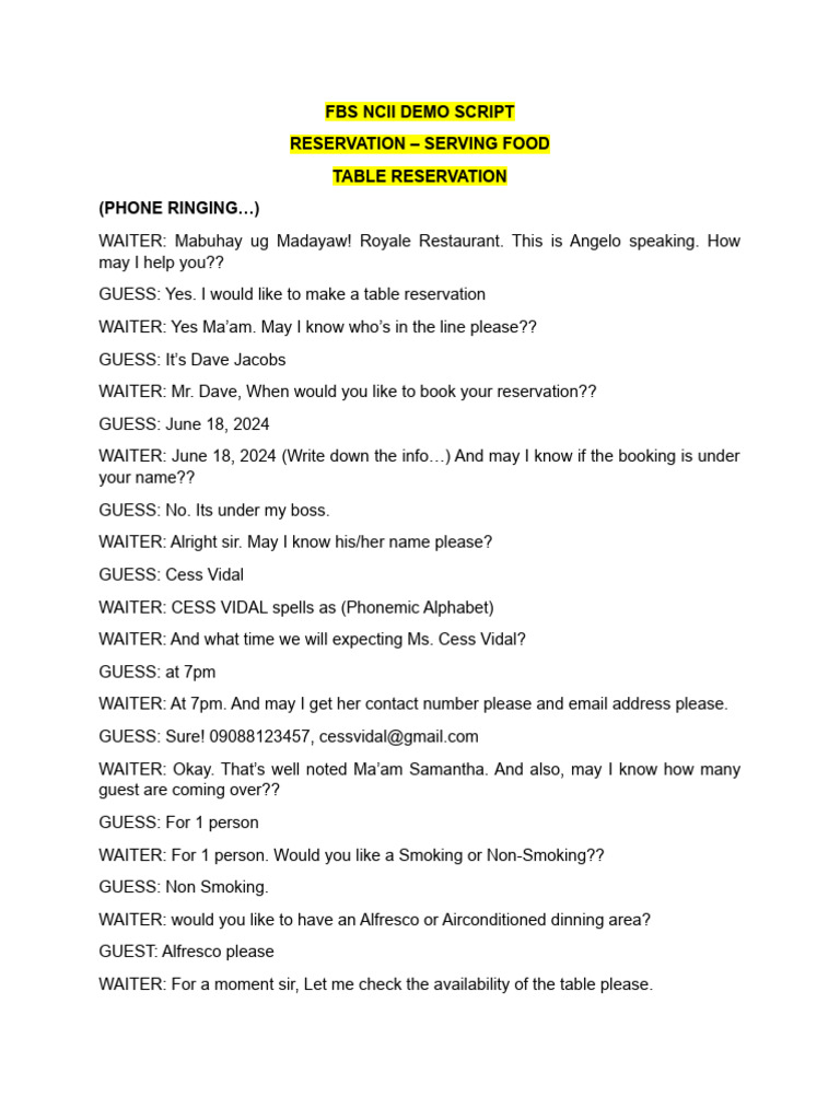 Fbs Ncii Demo Script 2 1 | PDF | Waiting Staff | Wine