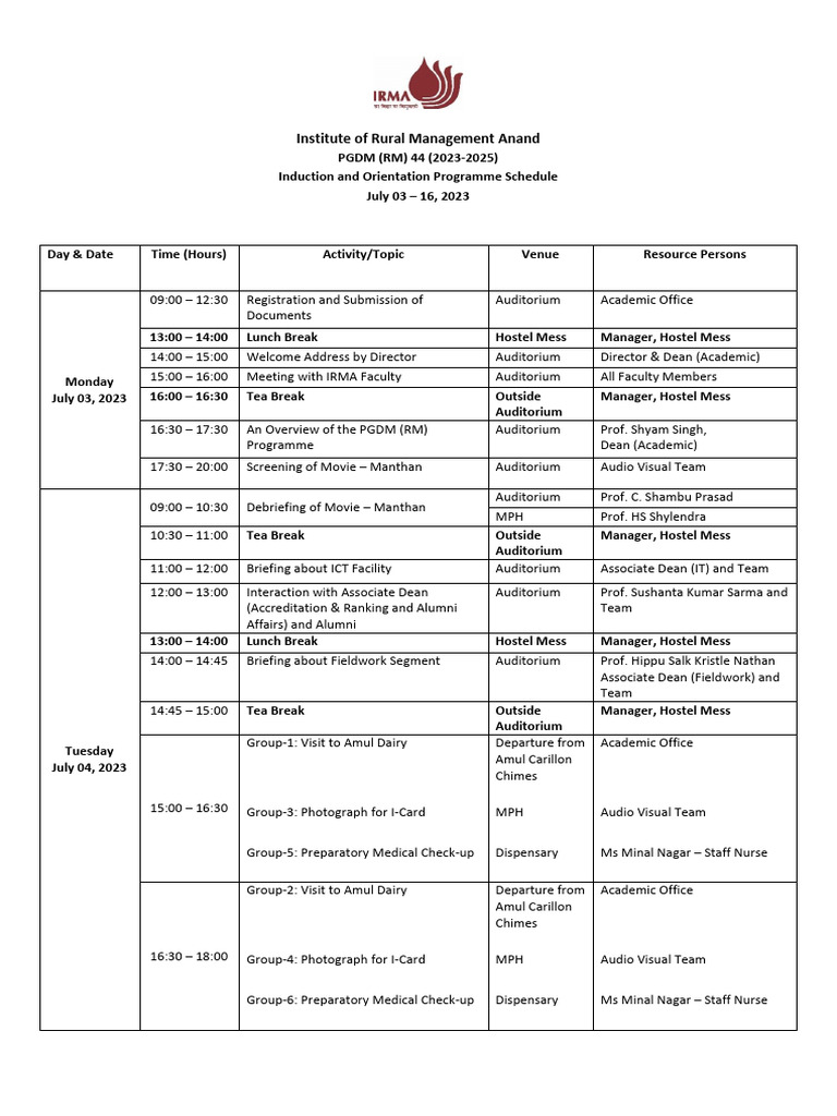 IRMA PGDM (RM) 2023 Induction Schedule | PDF