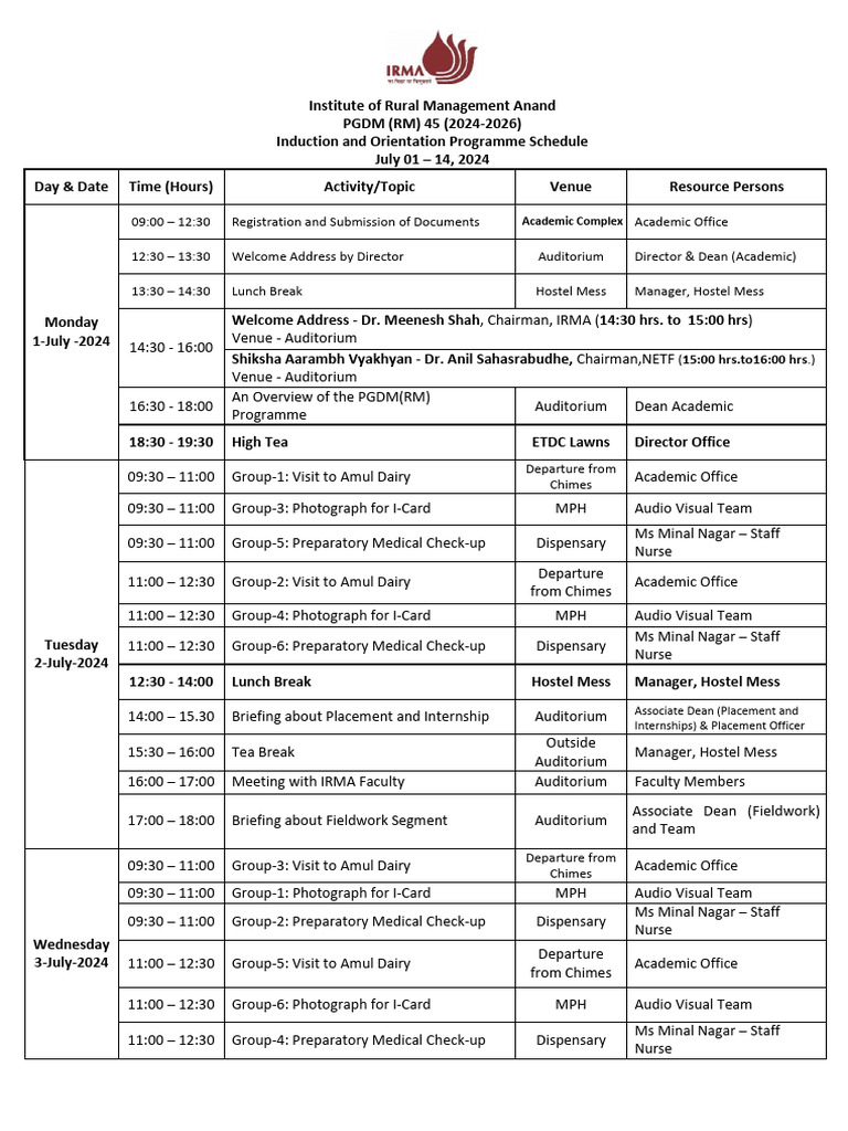 IRMA PGDM (RM) 2024 Induction Schedule | PDF
